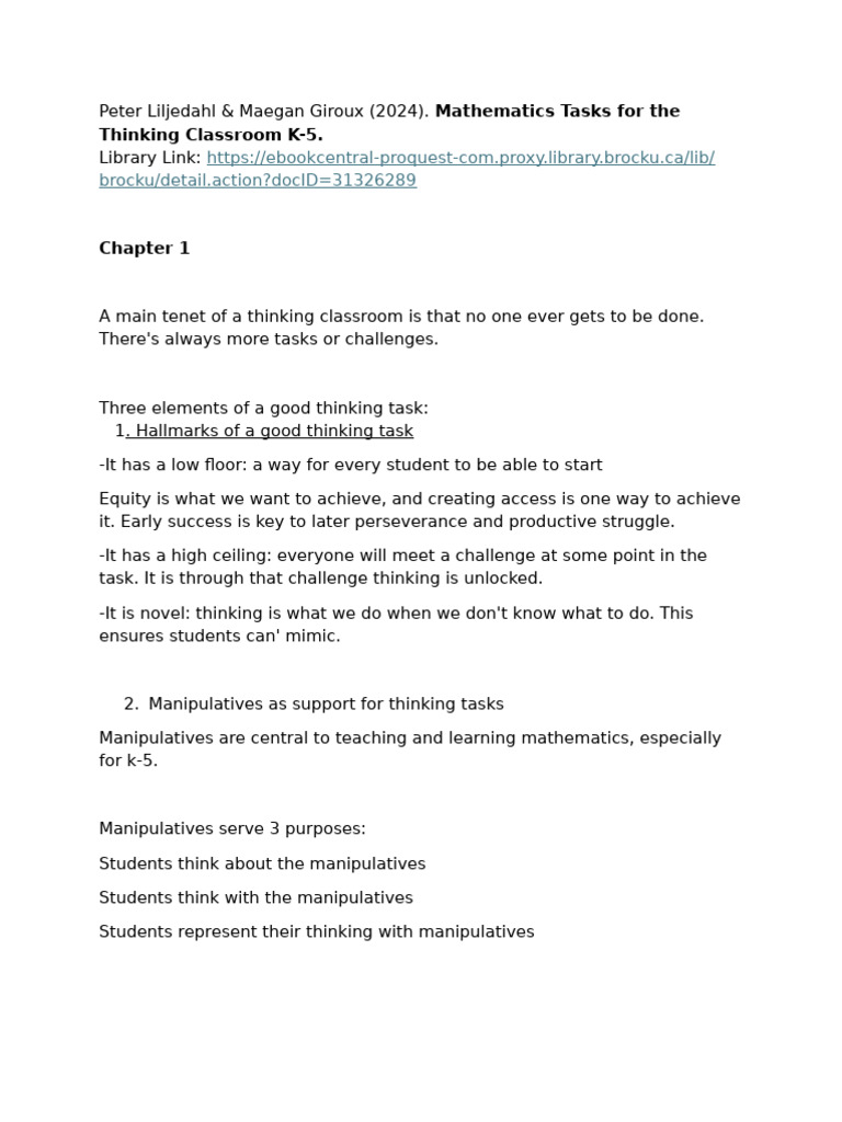 Mathematics Tasks For The Thinking Classroom k-5 | PDF