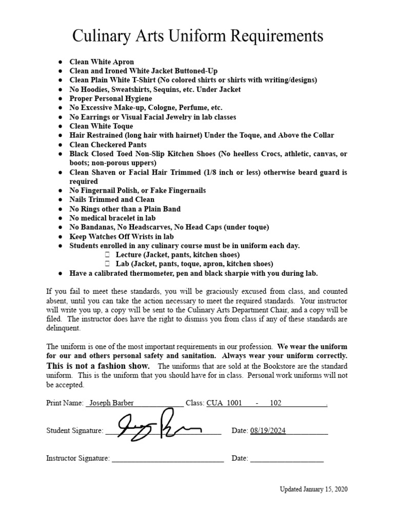 F24 CUA Uniform Requirements Form (Lecture-Lab) 2024 | PDF
