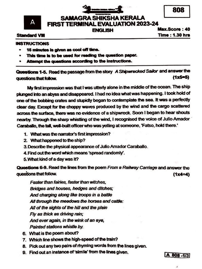 Class 8 First Term Exam 2023 English Question Paper | PDF