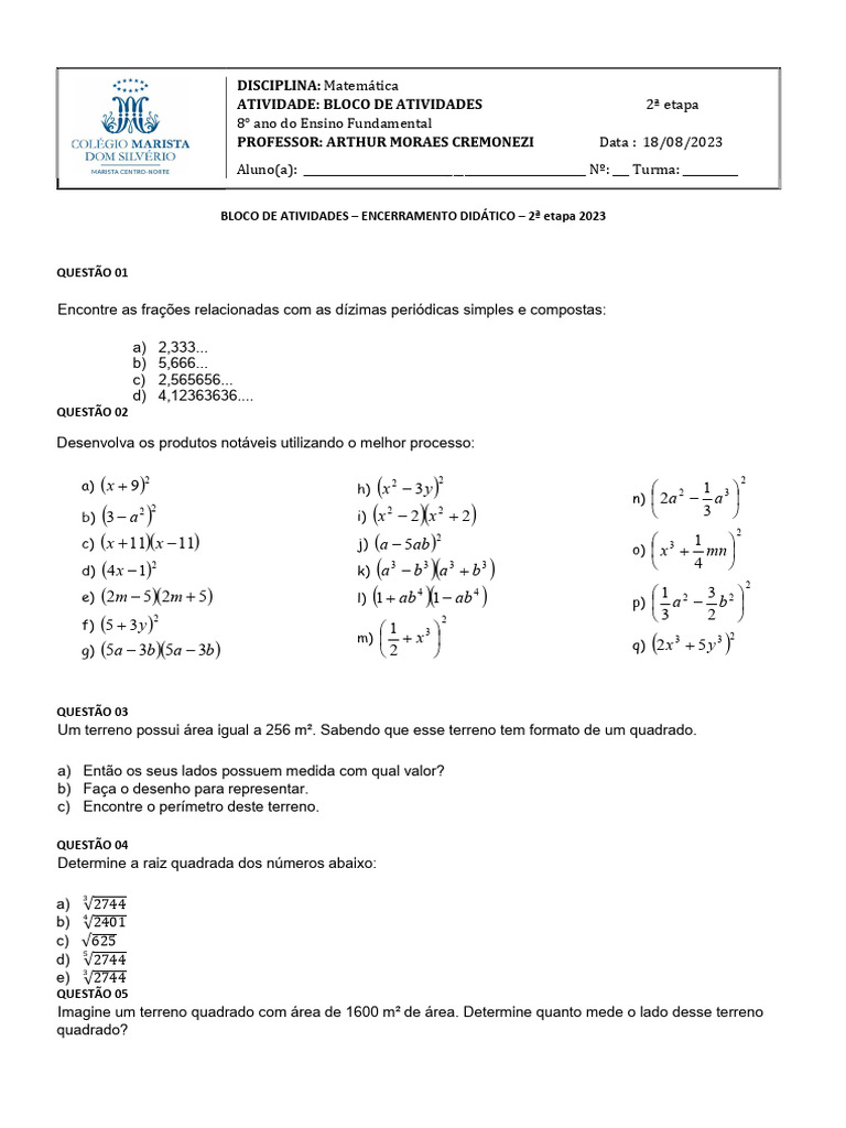 Bloco de Atividades - 8EF - Matemática - Revisional - 2 Etapa | PDF ...