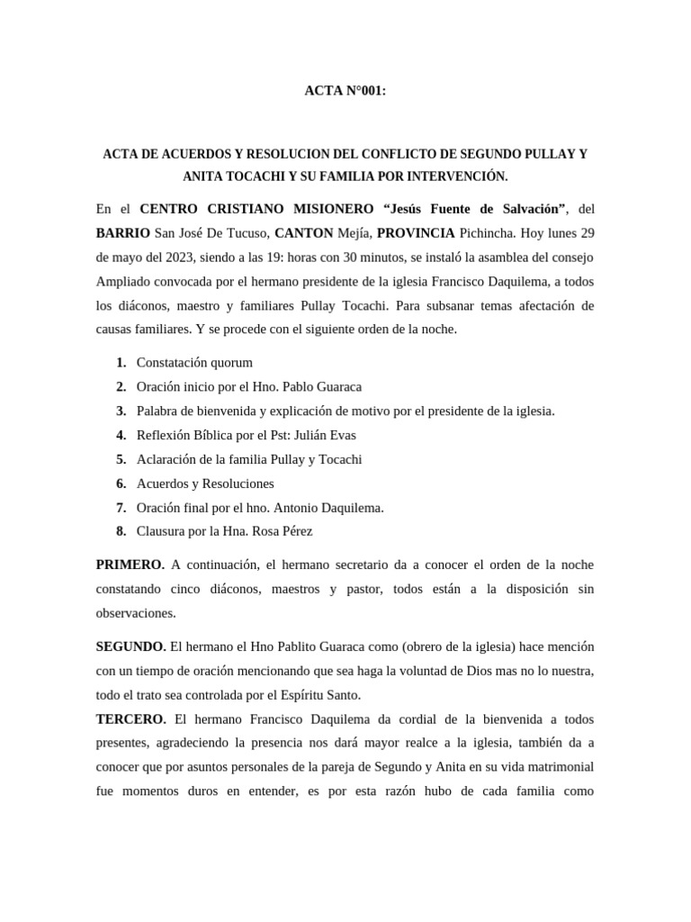 Acta de Acuerdos y Resolucion para La Familia Pullay y Tocachi | PDF