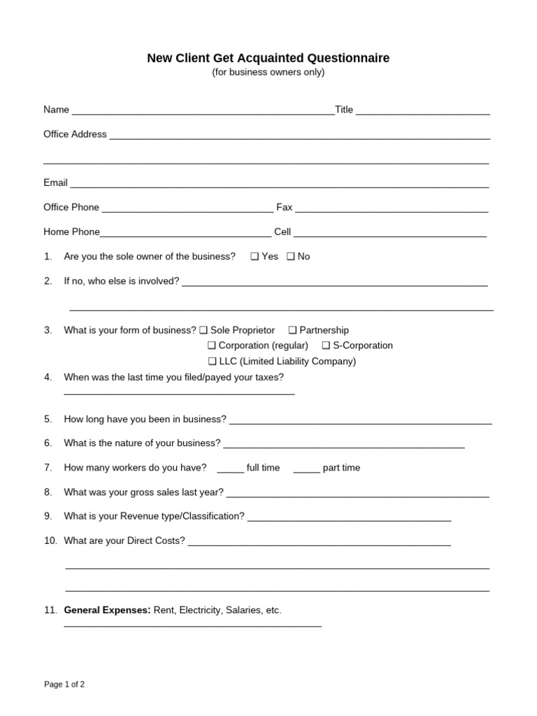 Bookkeeping New Client Questionnaire | PDF