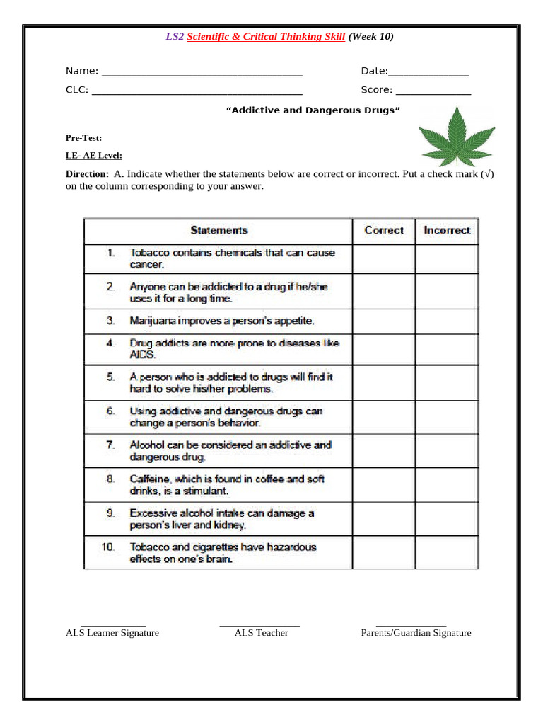 Worksheets LS2 - Addictive and Dangerous Drugs | PDF