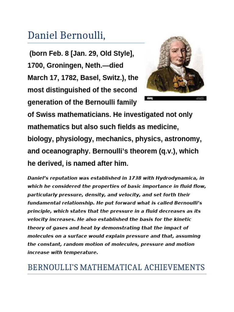 Daniel Bernoulli PROJECT CLASS 11 | PDF | Fluid Dynamics | Dynamics (Mechanics)