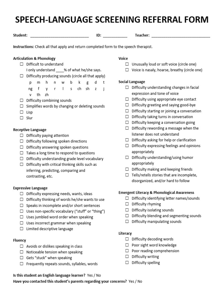 Speech-Language Screening Referral Form | PDF