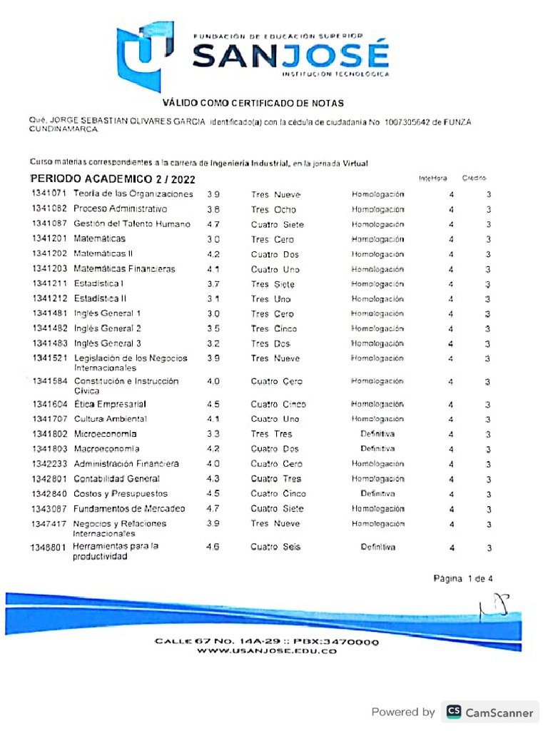 sabana de notas ing industrial | PDF