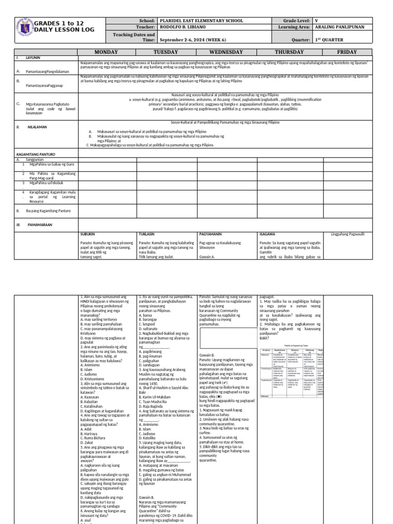 DLL - Araling Panlipunan 5 - Q1 - W6 | PDF
