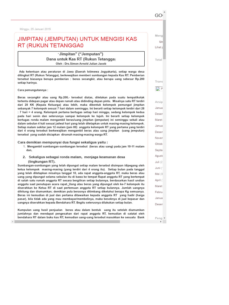 Rote Pintar - Jimpitan (Jemputan) Untuk Mengisi Kas RT (Rukun Tetangga0 | PDF