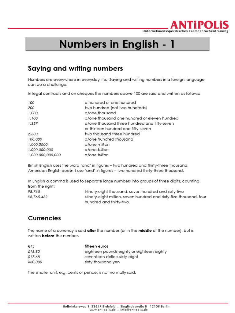 Numbers in English | PDF