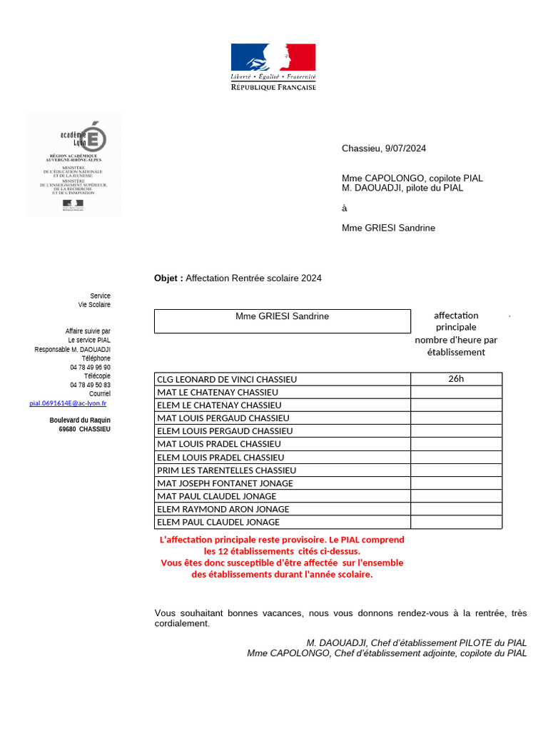 Affectation Aesh 2024 Griesi | PDF