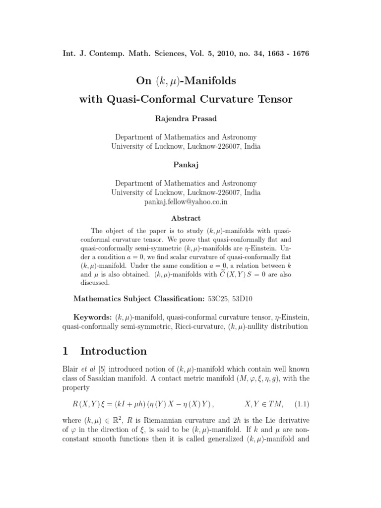 On (Kappa, Mu) Manifolds With Quasi-Conformal Curvature Tensor | PDF
