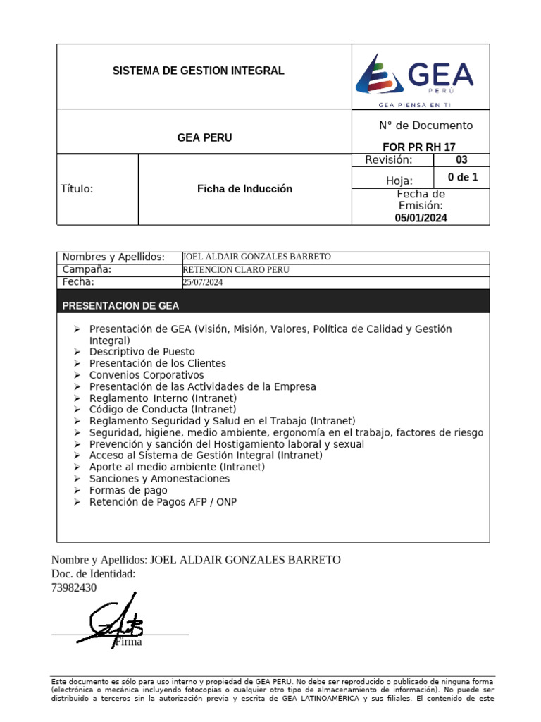 Ficha de Induccion Gea | PDF