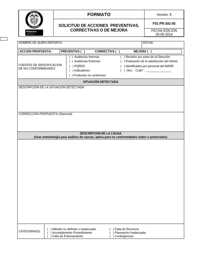 Formato Solicitud de Acciones Correctivas o de Mejora V8 | PDF