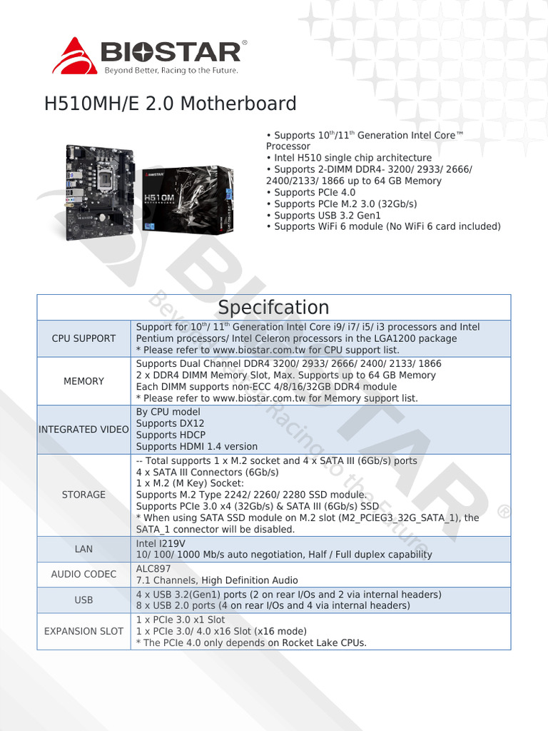 Biostar h510mh e 2.0 Spec | PDF
