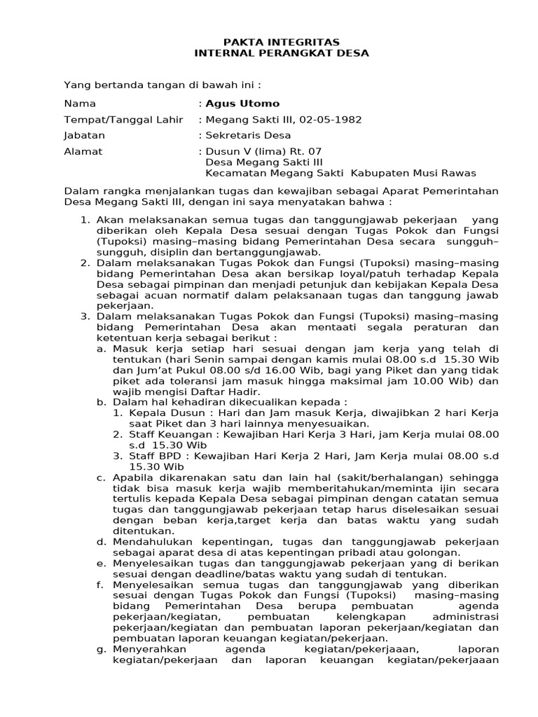 Pakta Integritas Internal Pemdes Megang Sakti Iii | PDF