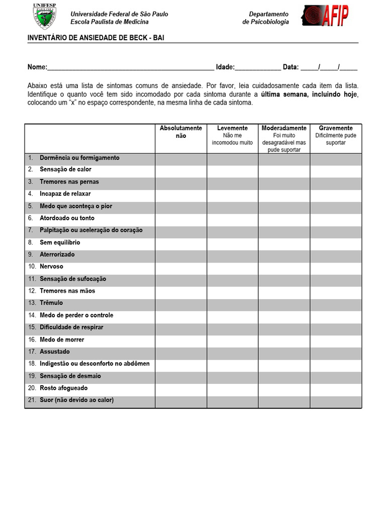 Inventário de Ansiedade de Beck - Bai | PDF