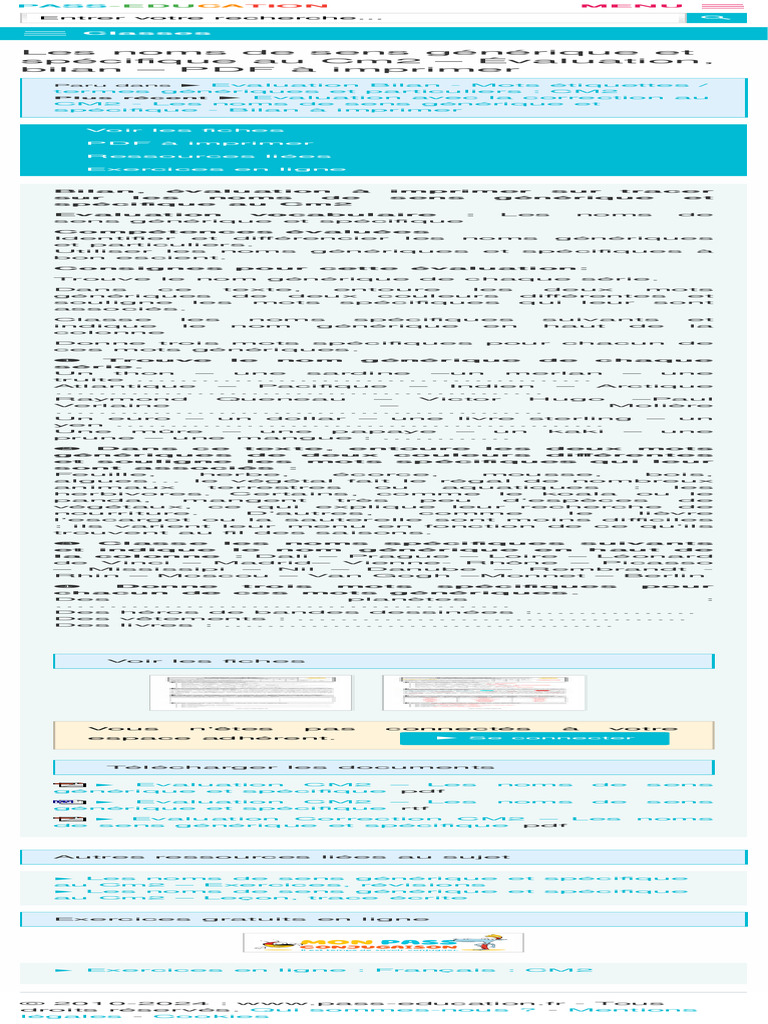 Les Noms de Sens Générique Et Spécifique Au Cm2 - Évaluation, Bilan - PDF À Imprimer | PDF
