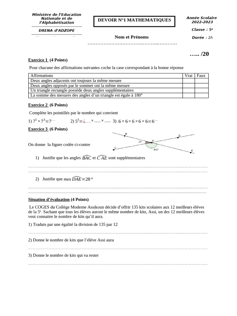 DEVOIR N°1__5e_MATHS_22-23 | PDF