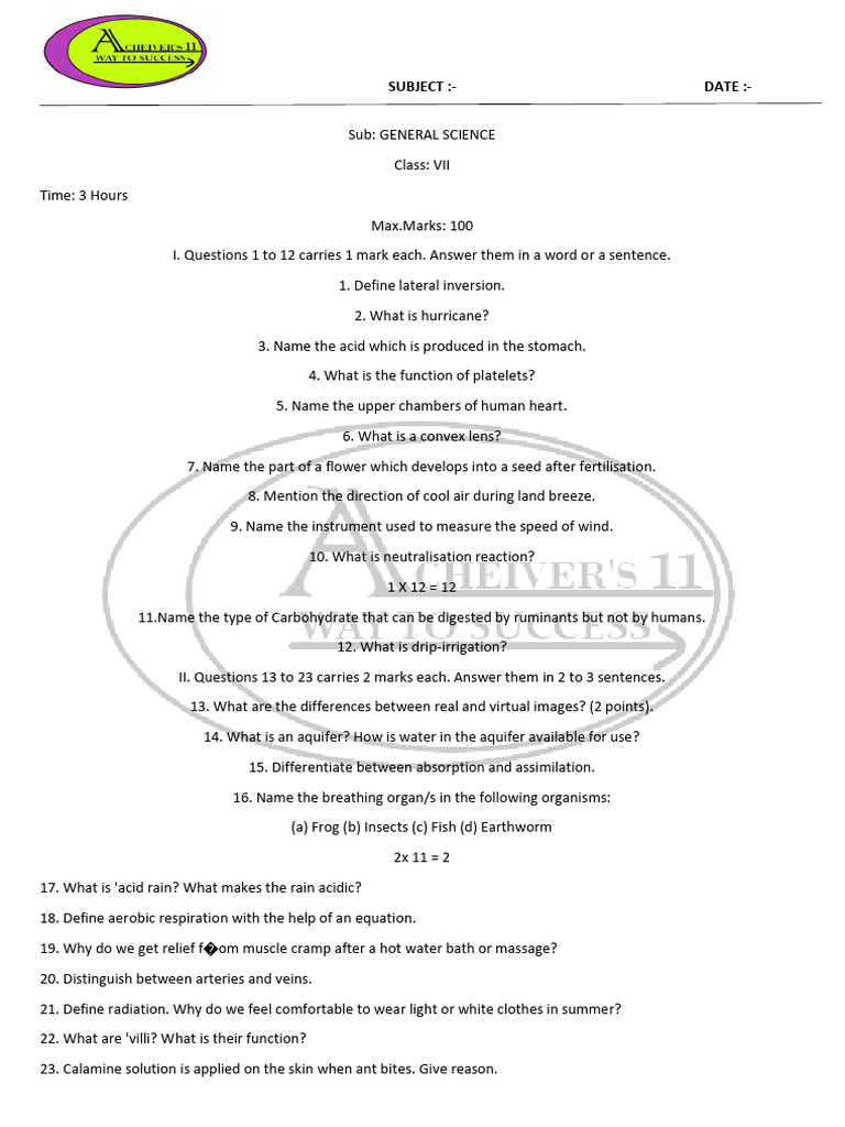 Class 7 Science Practice Paper Two | PDF