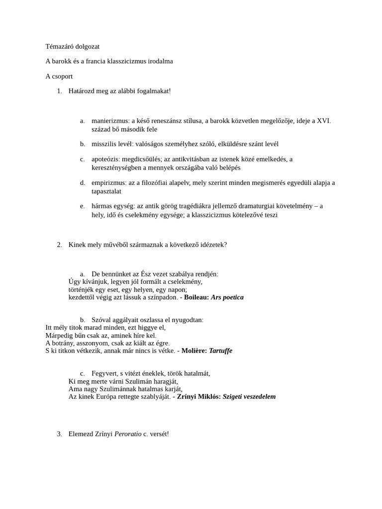 Magyar Irodalom 9. - 05 A Barokk Feladatlap Megoldokulcs | PDF
