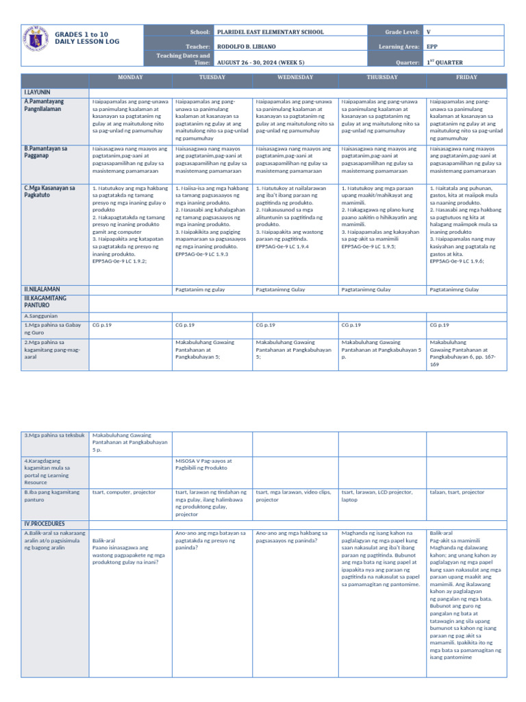 DLL - Epp 5 - Q1 - W5 | PDF