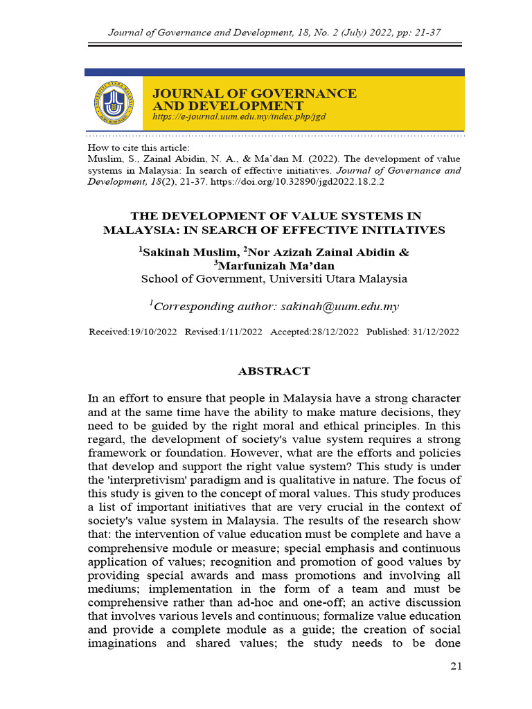 The Development of Value Systems in Malaysia - in Search of Effective Initiatives | PDF