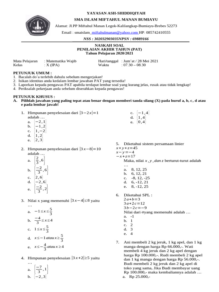 Soal Pat MTK Wajib KLS X | PDF