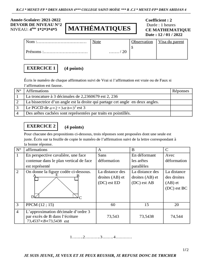 Devoir 4è 20022021 | PDF