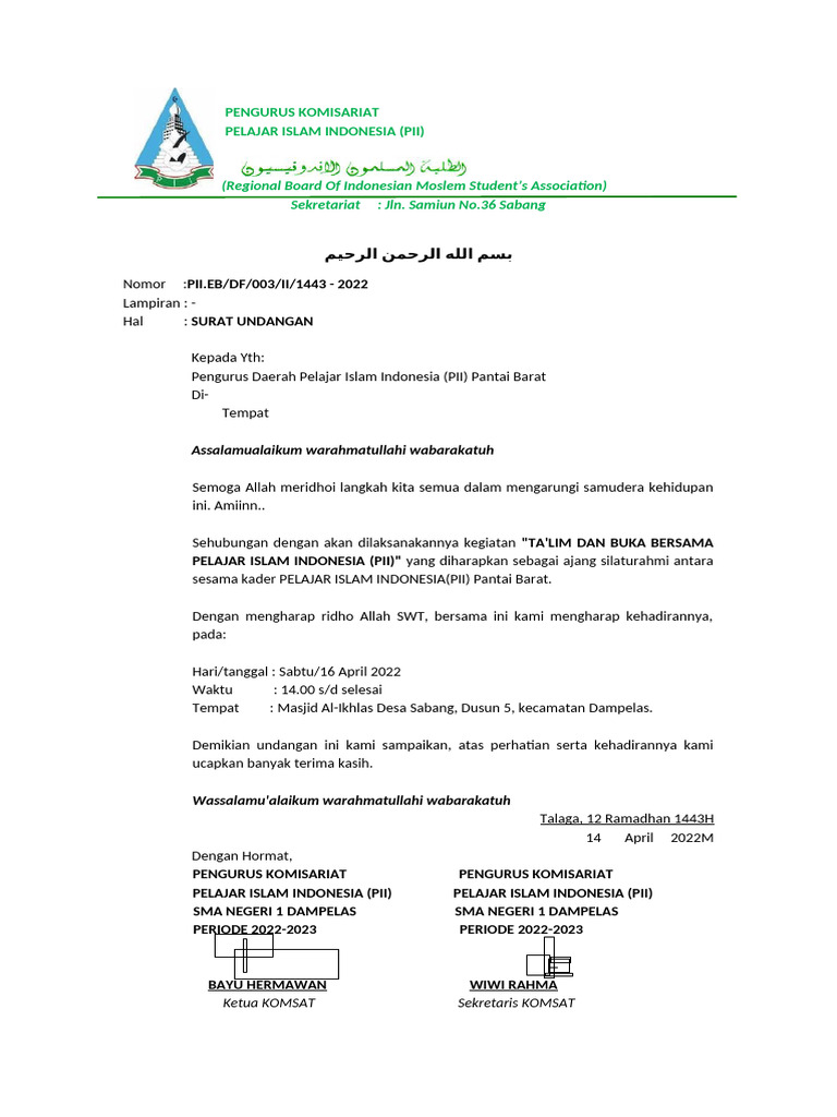 SURAT UNDANGAN PD PII PANTAI BARAT | PDF