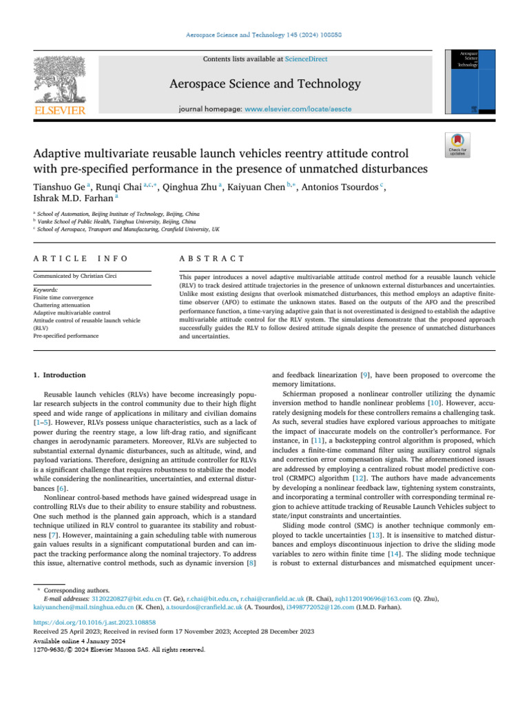 Adaptive Multivariate Reusable Launch Vehicles Reentry Attitude Control With Pre-Specified ...