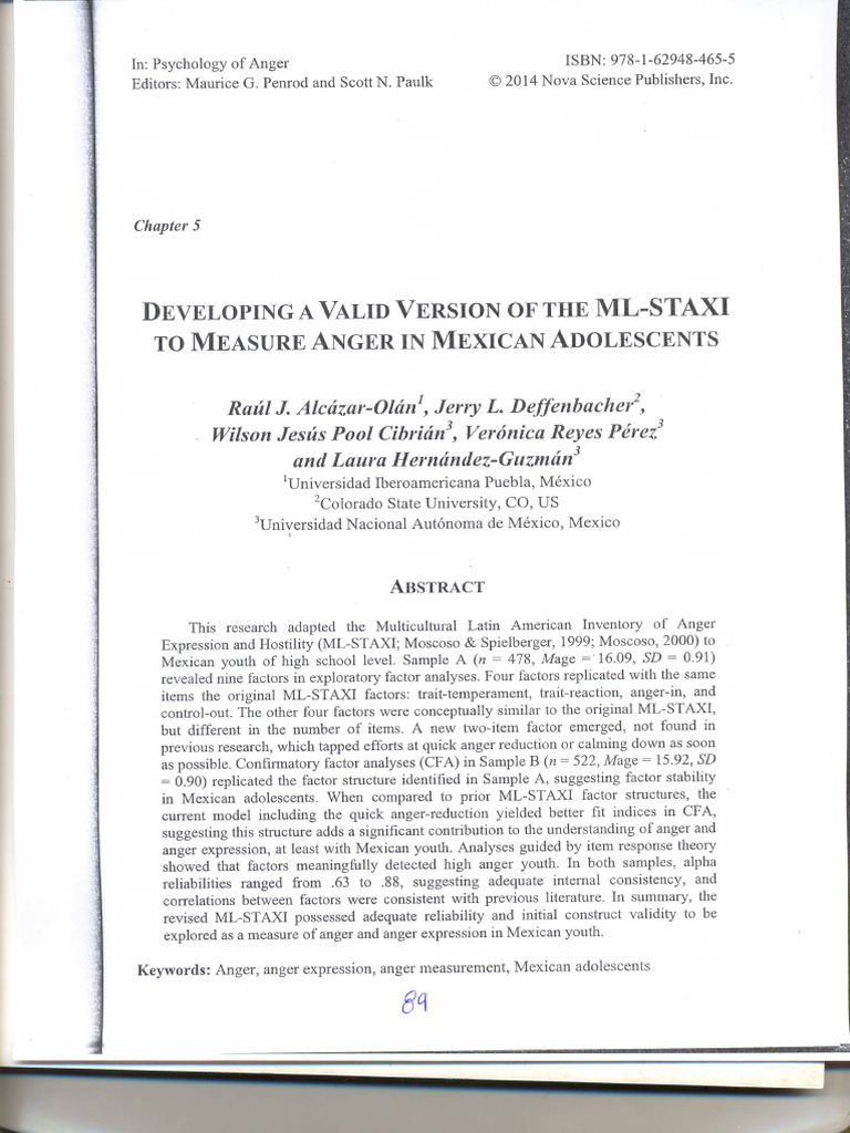 Developing A Valid Version of The ML-STAXI To Measure Anger in Mexican Adolescents | PDF