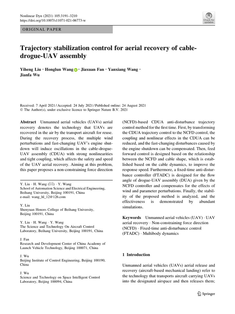 Trajectory Stabilization Control for Aerial Recovery of Cabledrogue-UAV ...