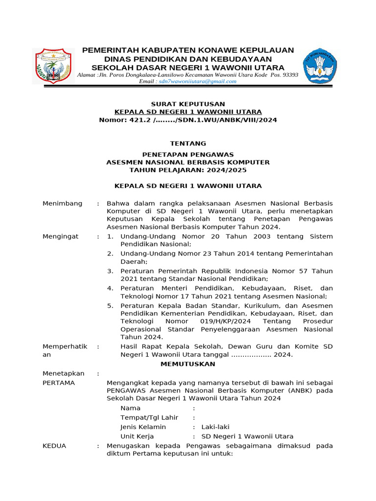 SK Pengawas ANBK 2024 + Surat Tugas | PDF