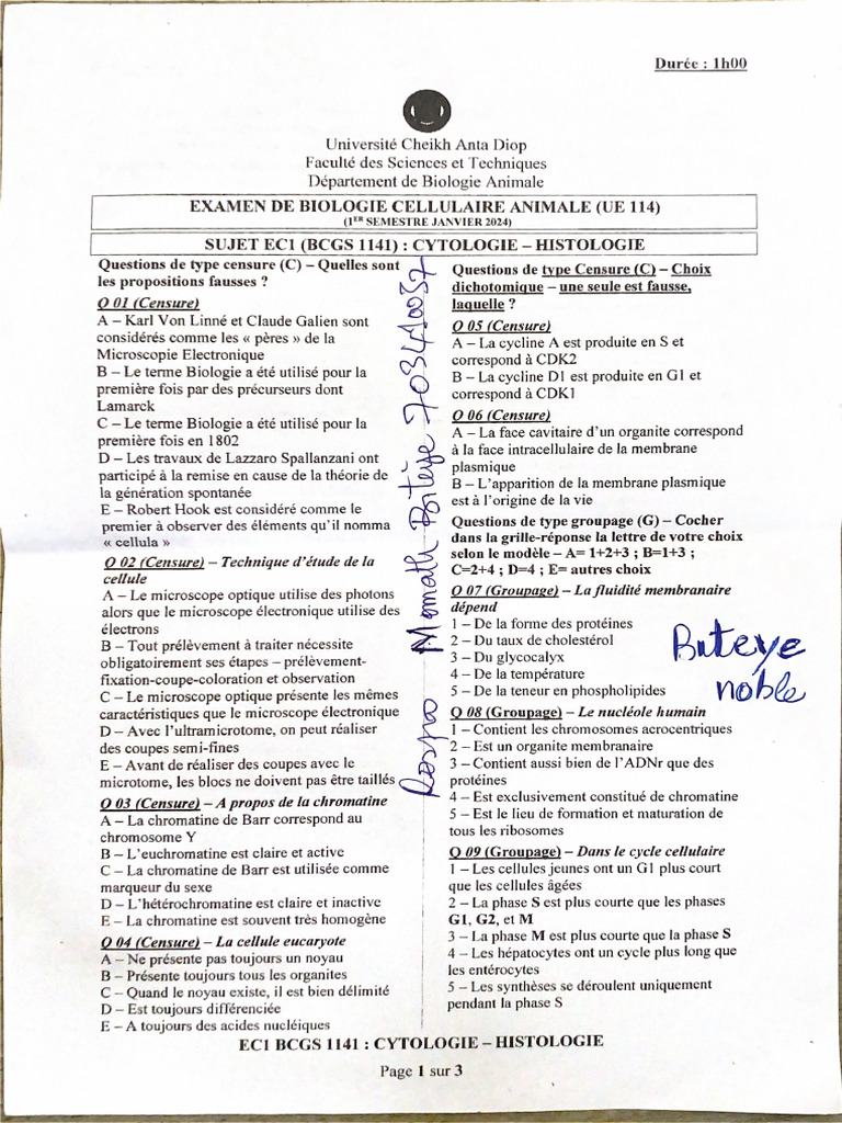 Examen de La Bio Cell Animale UE 1141 Au 1 Er Semestre en 2023 | PDF