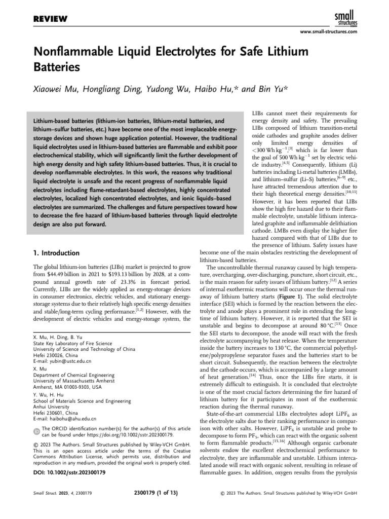 Small Structures - 2023 - Mu - Nonflammable Liquid Electrolytes For ...