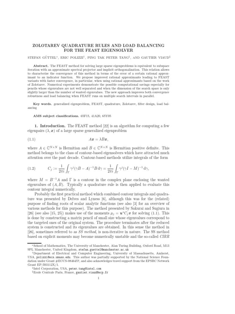 Zolotarev Quadrature Rules and Load Balancing For The Feast Eigensolver | PDF