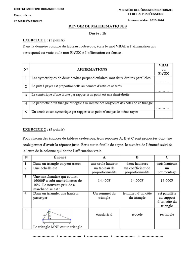 DEVOIR DE MATHEMATIQUES 6e | PDF