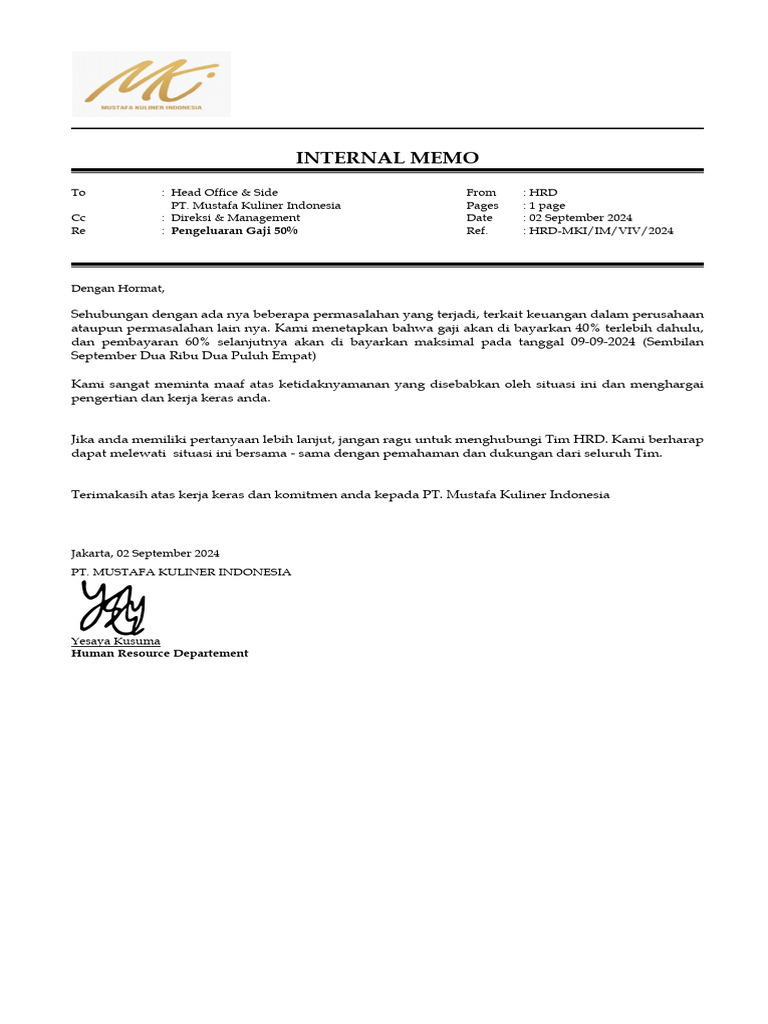 INTERNAL MEMO PEMOTONGAN GAJI | PDF