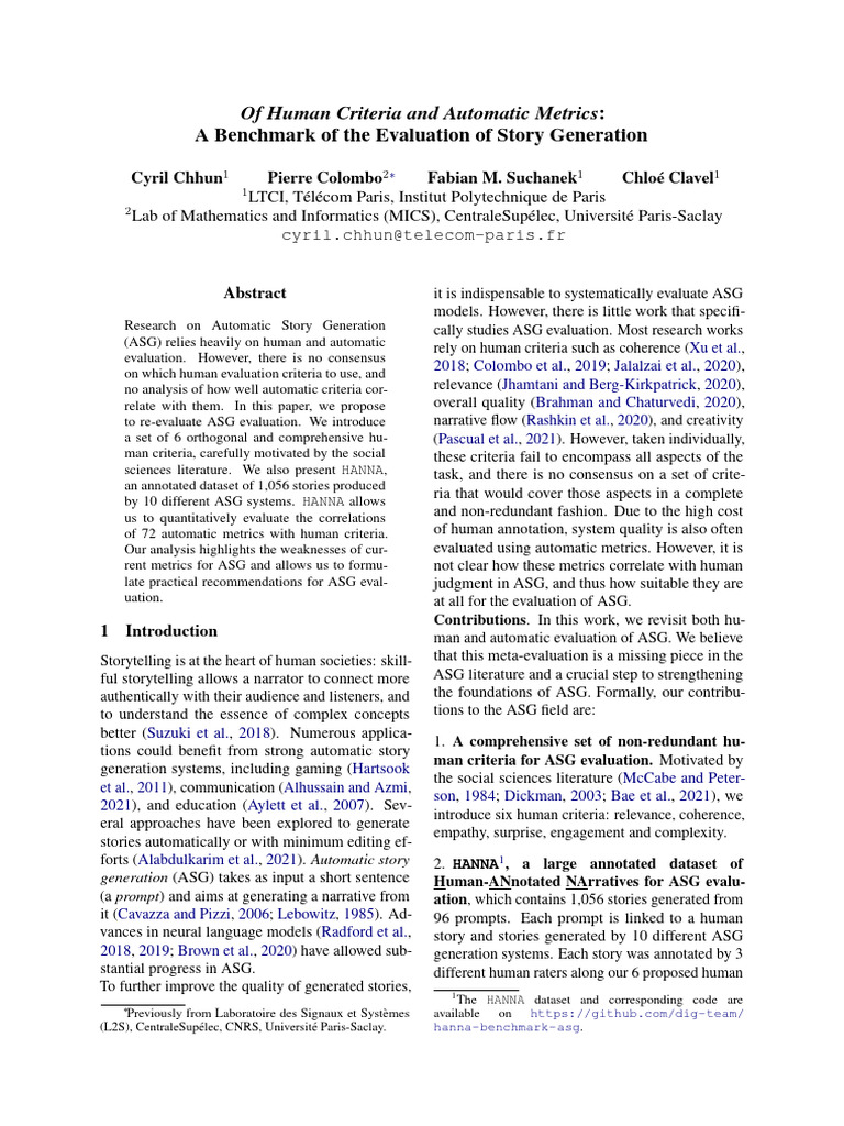 A Benchmark of The Evaluation of Story Generation: of Human Criteria ...