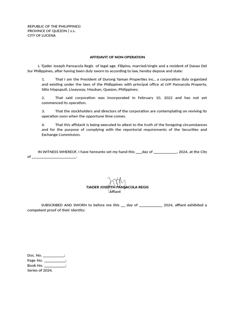 Affidavit of Non Operation | PDF