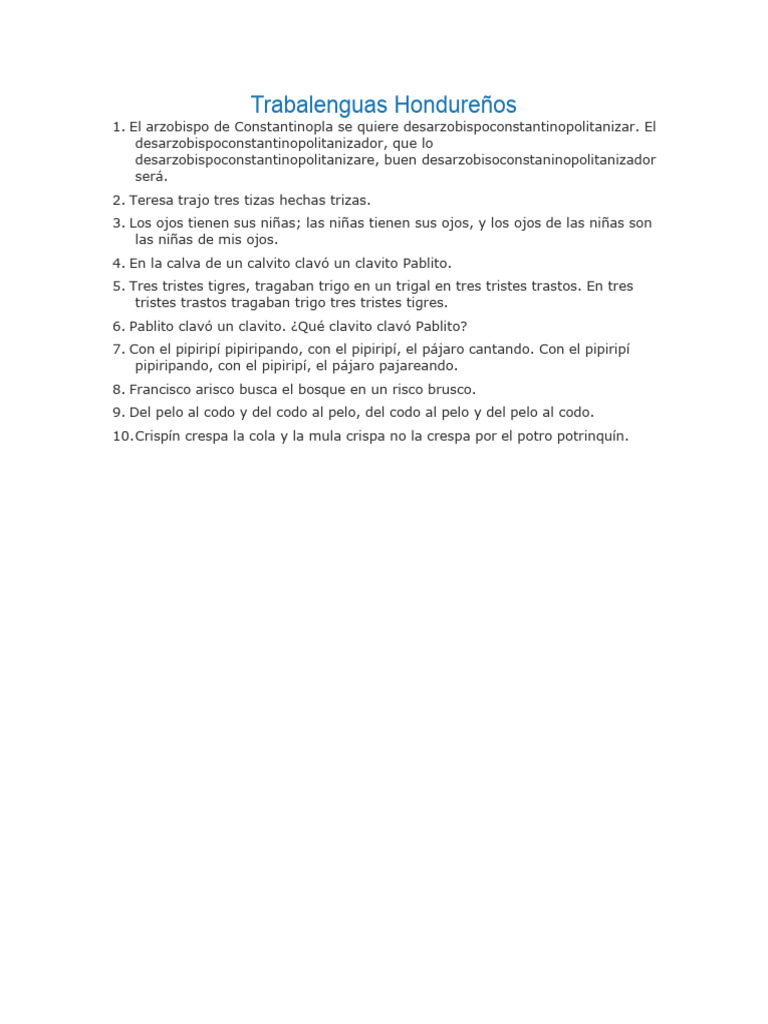 10 Trabalenguas Hondureños | PDF