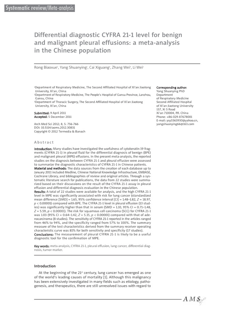 4 - Differential Diagnostic CYFRA 21-1 Level For Benign and Malignant Pleural Effusions - A Meta ...