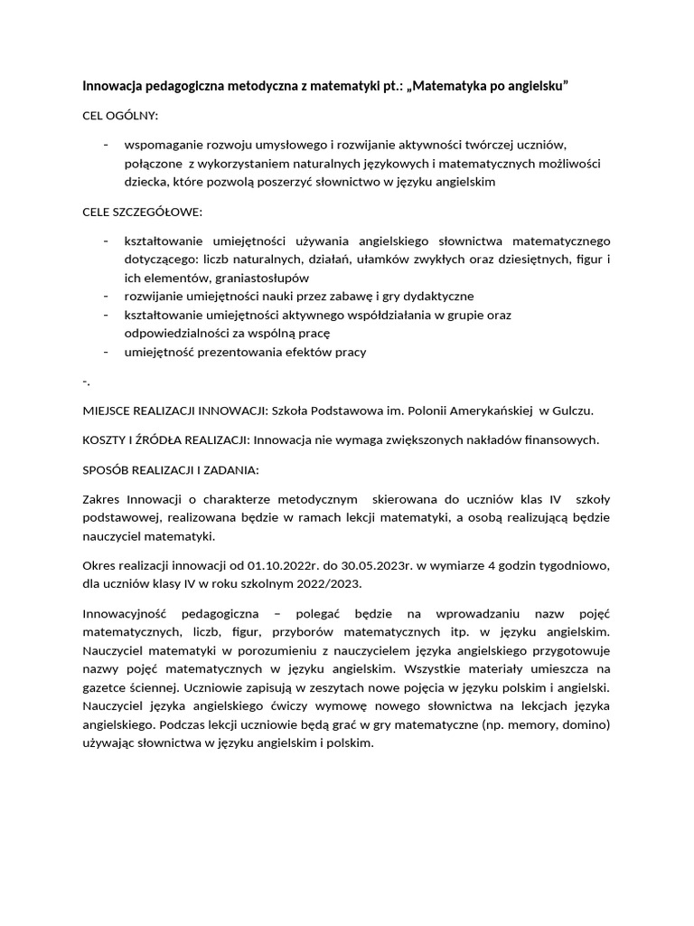 Innowacja Pedagogiczna Metodyczna Z Matematyki PT | PDF