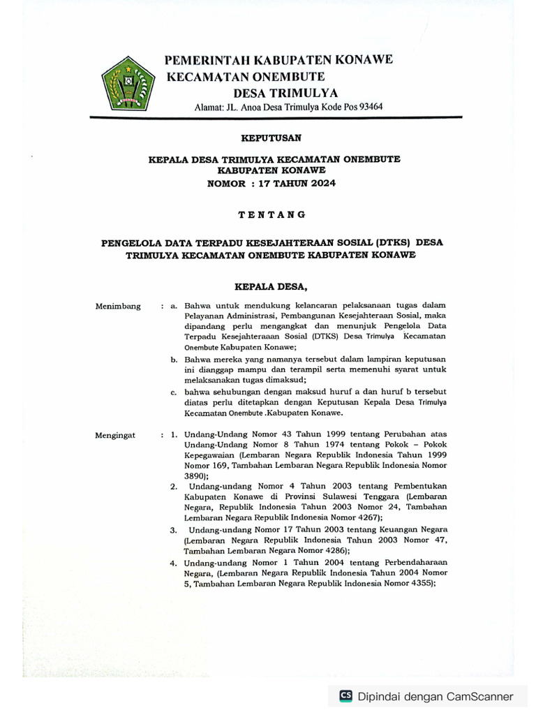SK Operator Siks Desa Trimulya | PDF