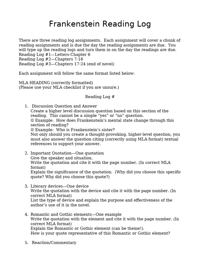 Frankenstein Reading Log Assignments 2 | PDF