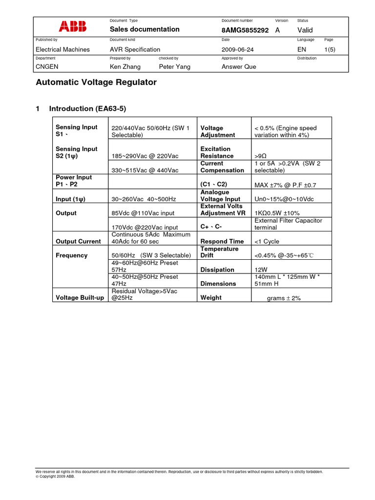 LV generators AVR Specification | PDF