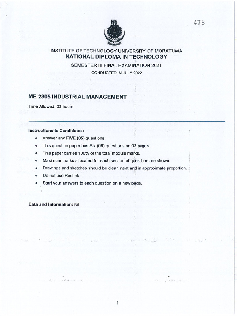 Me 2305 Industrial Management | PDF