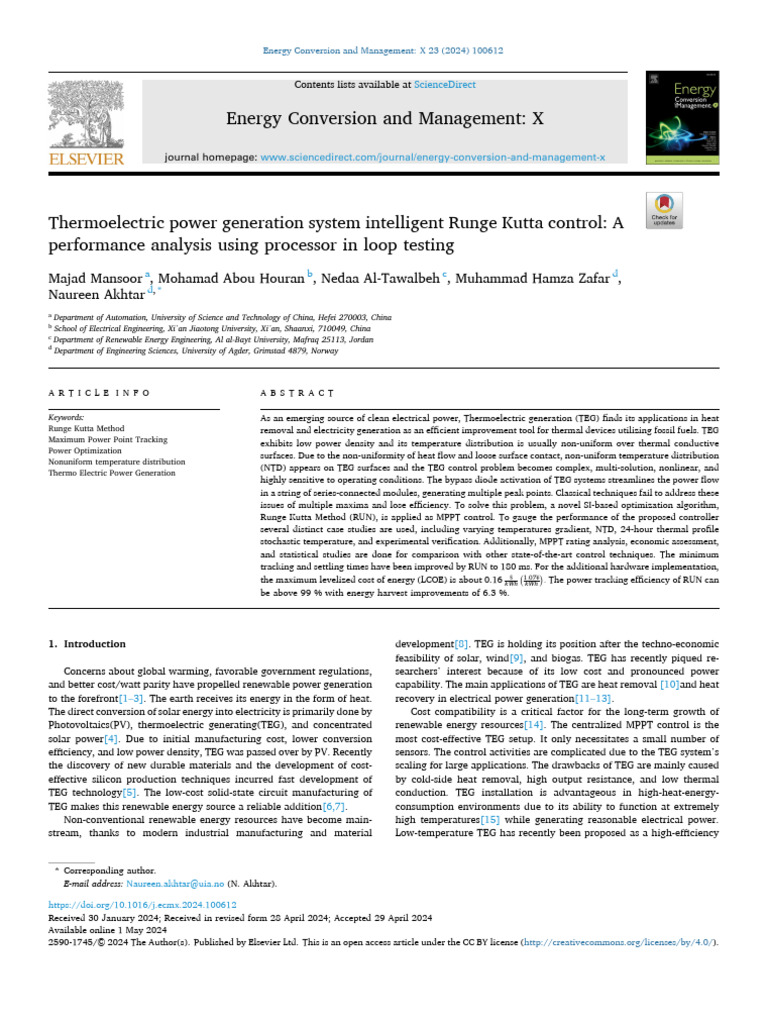 Thermoelectric Power Generation System Intelligent Runge Kutta Control | PDF
