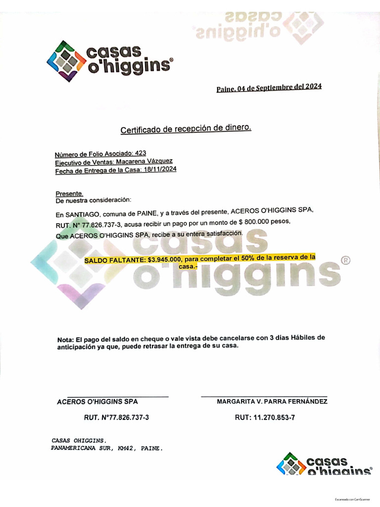 Cert Dinero Folio 423 | PDF