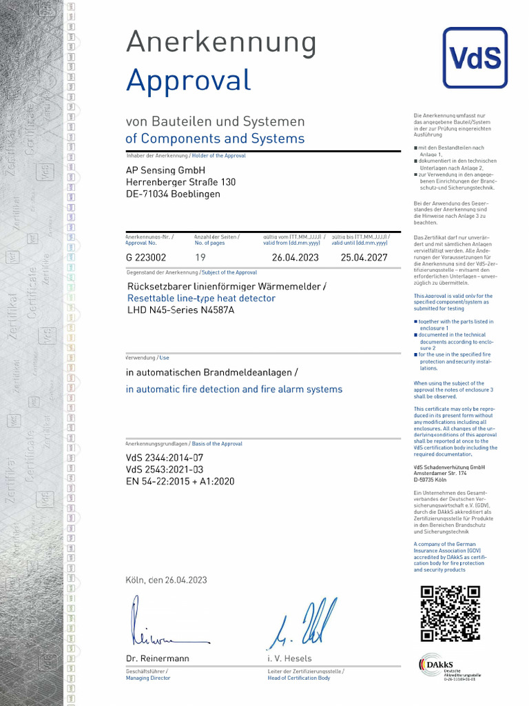 VdS-Certificate&Enclosure N4587A (G223002) 2023-04-26 | PDF